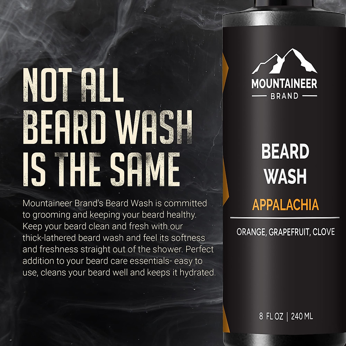 Mountaineer Brand Beard Wash For Men | 100% Natural Beard Shampoo | Thick Cleaning Softening Lather | Grooming Treatment with Orange, Grapefruit, Clove Essential Oils | Appalachia Scent 8oz