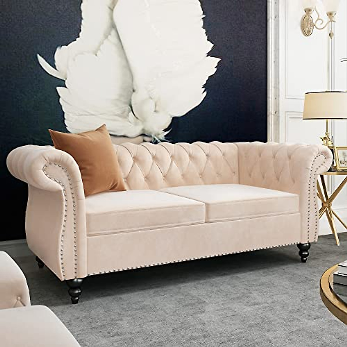 QHITTY Accent Sofa, Chesterfield Loveseat Modern Velvet Couch Upholstered Sofa with Tufted Back for Living Room Furniture (Beige)