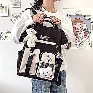 LIEEI Kawaii Backpack with Kawaii Pin & Bear Accessories Cute Laptop Bookbag Backpack School Bag for School Girls (Black) 26x18x38cm