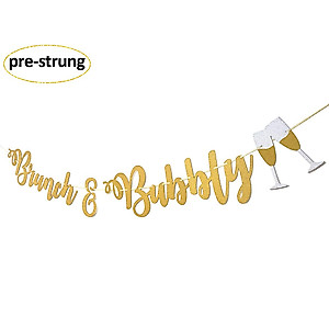 Finseng Brunch & Bubbly Gold Glitter Banner Sign Garland Pre-Strung for Bridal Brunch Shower Bachelorette Party Champagne Bubbly Bar