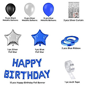 Blue Black Birthday Party Decorations Kit for Men 64 Pieces, Happy Birthday Banner, Fringe Curtains, Foil Balloons for 13th 16th 20th 21st 30th 35th 50th 60th Girls Men Party Supplies