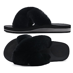 COFACE Womens Fuzzy Slides Fluff Fax Fur Cross Slippers Open Toe Yoga Mat House Slippers Sandals With Arch Support For Indoor/Outdoor