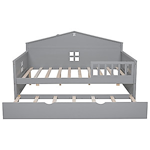 Merax Full Size Wooden Daybed with Trundle and Sensor Light, House Shaped Daybed for Kids, Boys and Girls, No Box Spring Needed, Grey