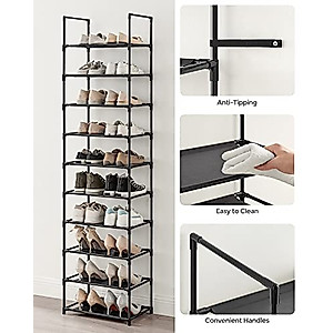 SONGMICS Shoe Rack, 10 Tier Shoe Shelf, Shoe Storage Organizer, Space-Saving, 11 x 17.7 x 68.1 Inches, Metal Frame, Non-Woven Fabric Shelves, for Entryway, Bedroom, Black ULSH010B02