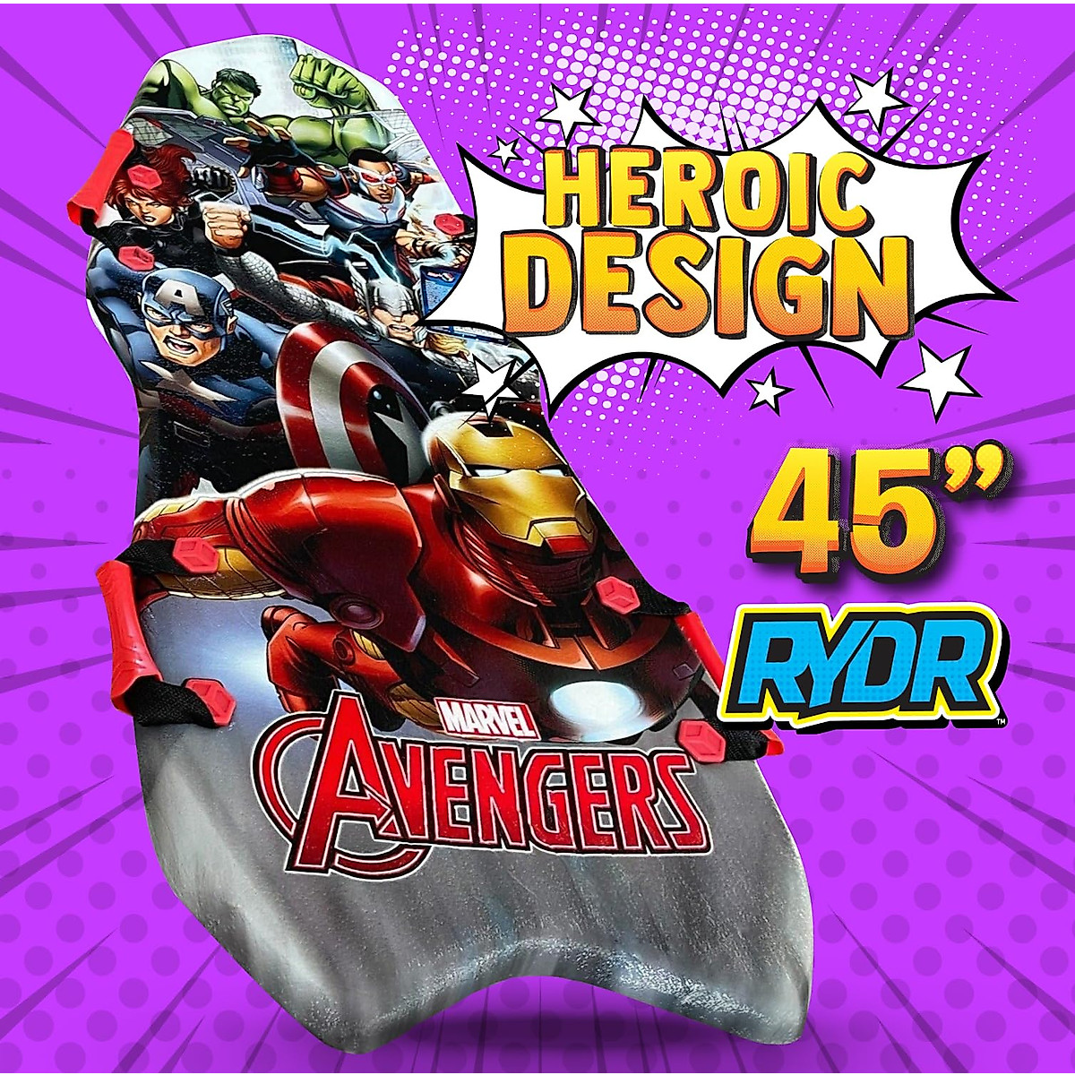 RYDR Marvel 45" Two Person Snow Slider Sled - Kids Downhill Toboggan Winter Sleds Plastic Sledding Board Xtreme Foam Heavy Duty Racer Sleigh for Children