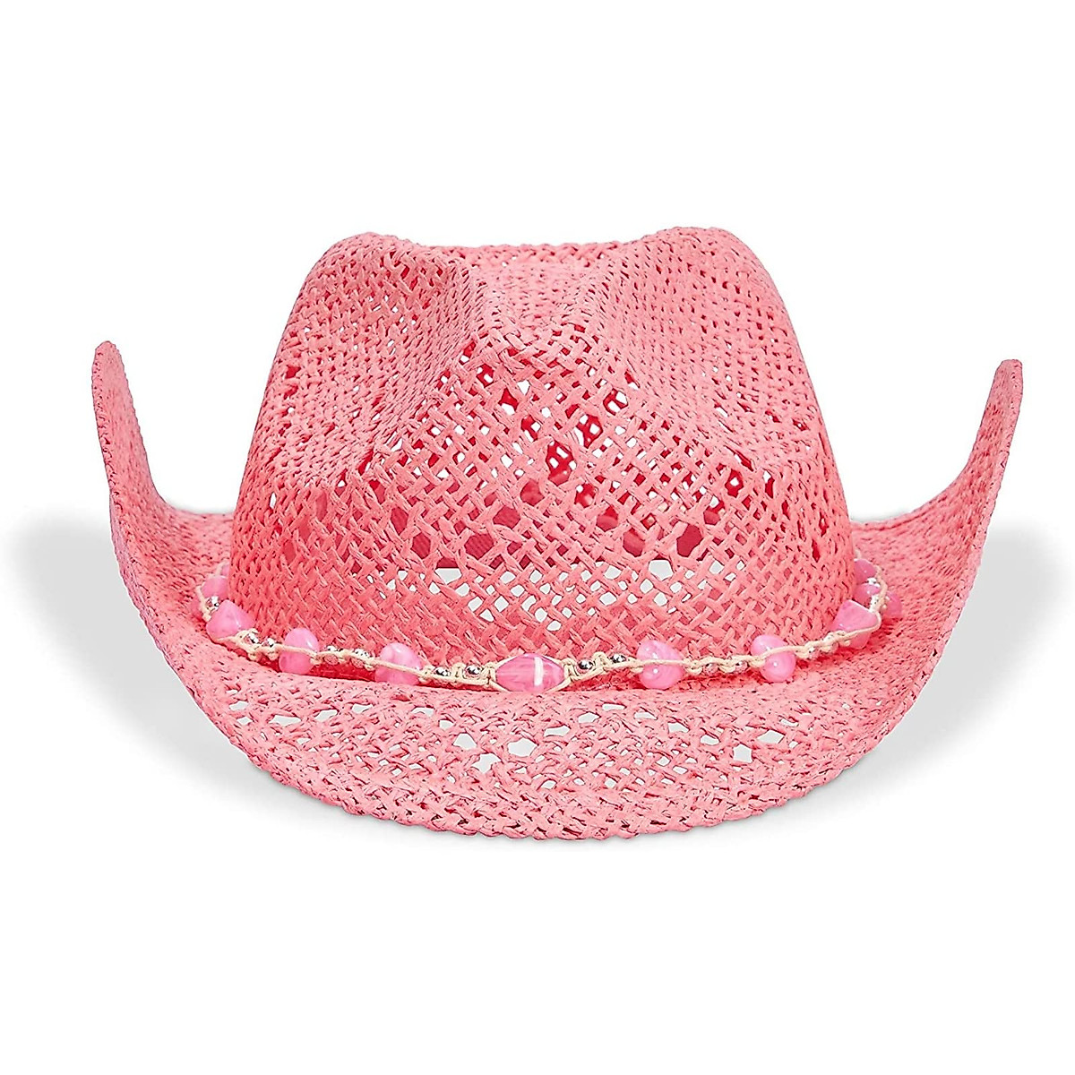 Zodaca Pink Cowboy Hat for Women - Pink Straw Beach Hat, Cute Cowgirl Hat with Beaded Heart Trim and Braided Chain (Adult Size)