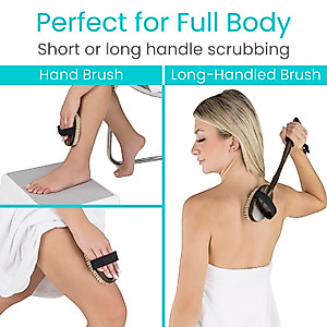 Vive Dry Brush Set for Lymphatic Drainage (3 Pieces) - Brushing Scrubber for Exfoliating, Body Cellulite and Skin Massage - 100% Natural Boar Hair Bristles, 14” Long Dark Wooden Handle w/Storage Bag