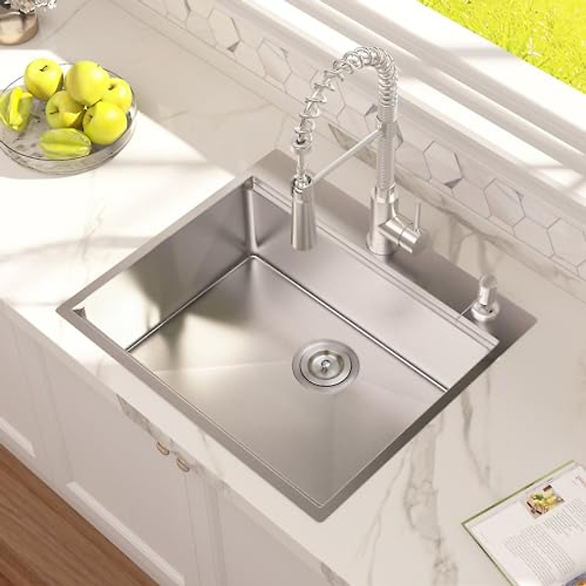 CELAENO 25 x 22 inch Drop-in Kitchen Sink, Handmade Workstation Kitchen Sink 18 Gauge with Ledge, Topmount Single Bowl Stainless Steel Kitchen Sink with soap dispenser hole