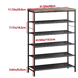 INGIORDAR Shoe Rack Organizer 6 Tier Metal Organizer Shelf with Industrial MDF Board and Layer Fabric for Entryway Closet Bedroom Living Room Garage,Black & Rustic Brown