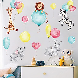 Animals with Balloons Nursery Decor Cute Jungle Animals Safari Balloons Wall Decals Giraffe Lion Zebra Hippo Elephant Vinyl Wall Stickers for Kids Boys Girls Bedroom Daycare Classroom Playroom and Kids Room Wall decor