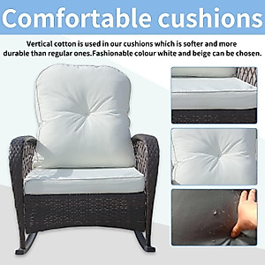 AZRBOPO Wicker Rocking Chair, Patio Rocking Armchair PE Rattan Outdoor Rocker with Soft Cushion Chair for Backyard, Porch Max Load 350LBS - Brown Wicker with White Cushions
