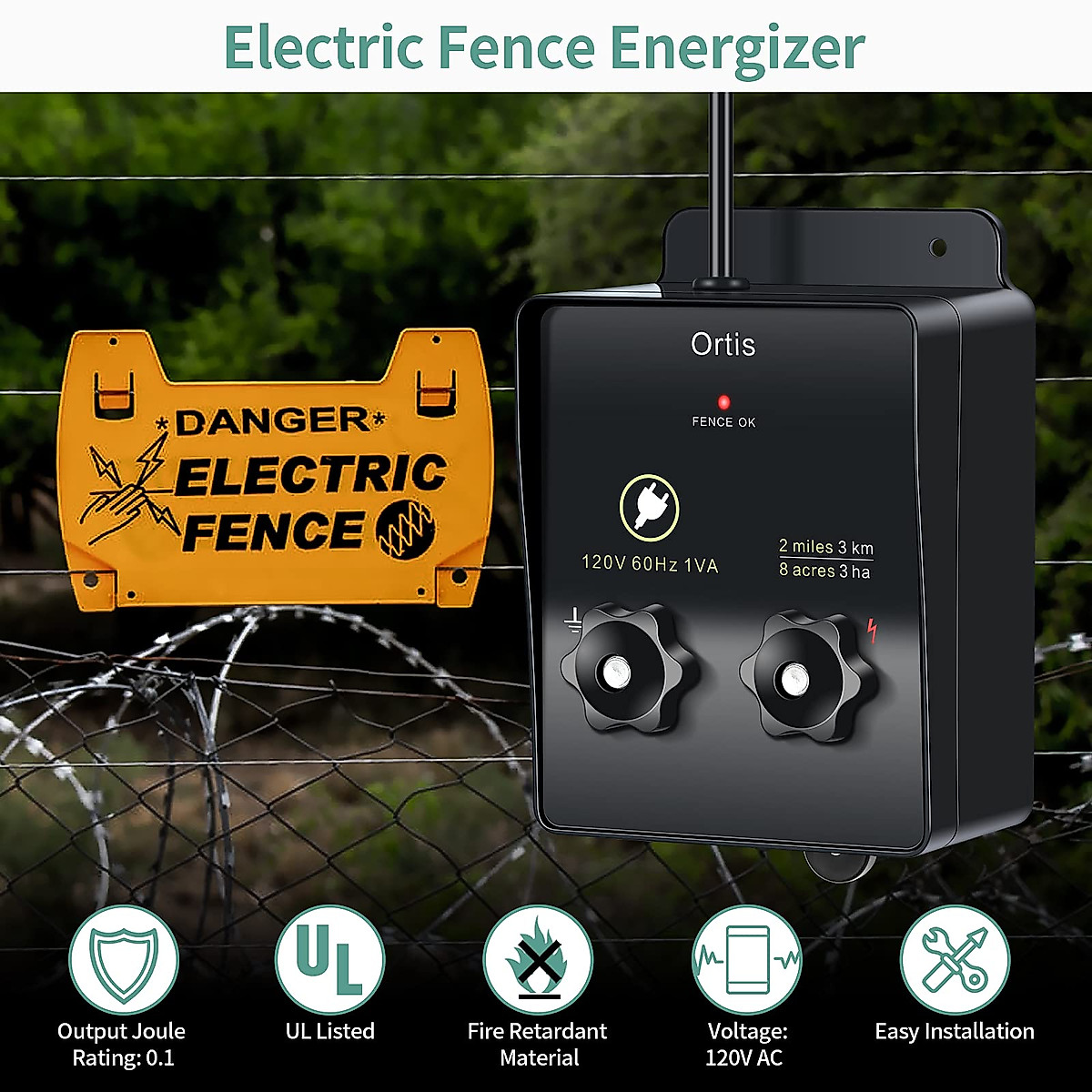 Electric Fence Energizer, Ortis 2-Mile/ 8 Acres Electric Fence Controller for Dogs, Livestock, Squirrels, Used for Gardens, Chicken Coops, 0.1 Joule