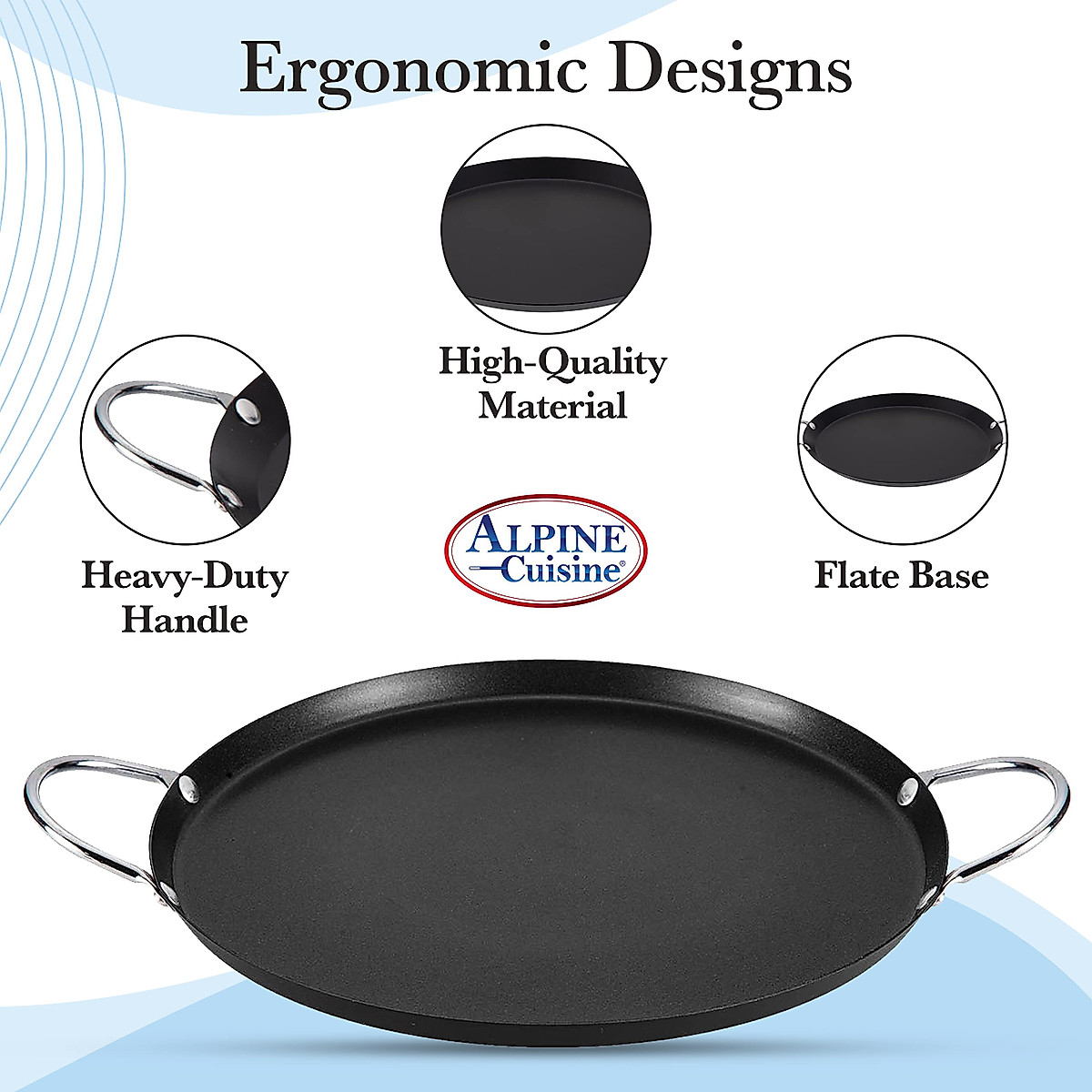 Alpine Cuisine Nonstick Round Paella Pan, 13-Inch, Black Carbon Steel, Oven Safe, Non-Magnetic