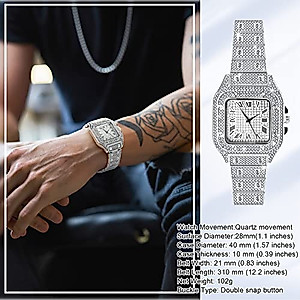 5 Pcs Hip Hop Jewelry Set with Miami Cuban Link Chain Necklace Bracelet Bling Crystal Diamond Watch Rhinestone Earrings (Silver, Men)