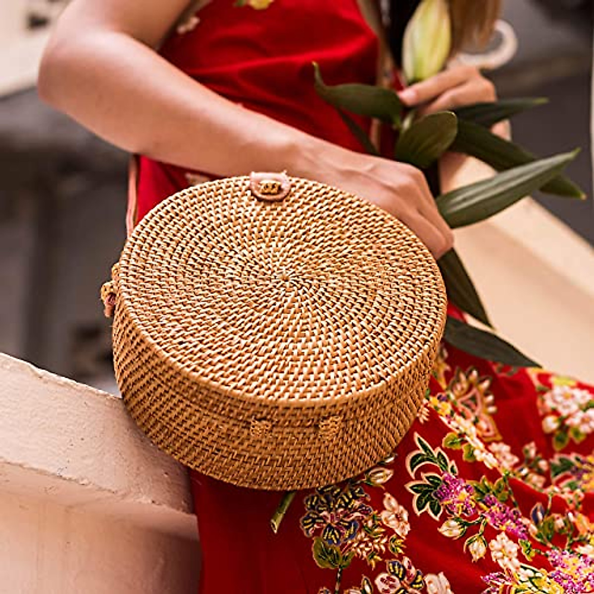 Natural NEO Handwoven Round Rattan Bag Shoulder Leather Straps Natural Chic Hand