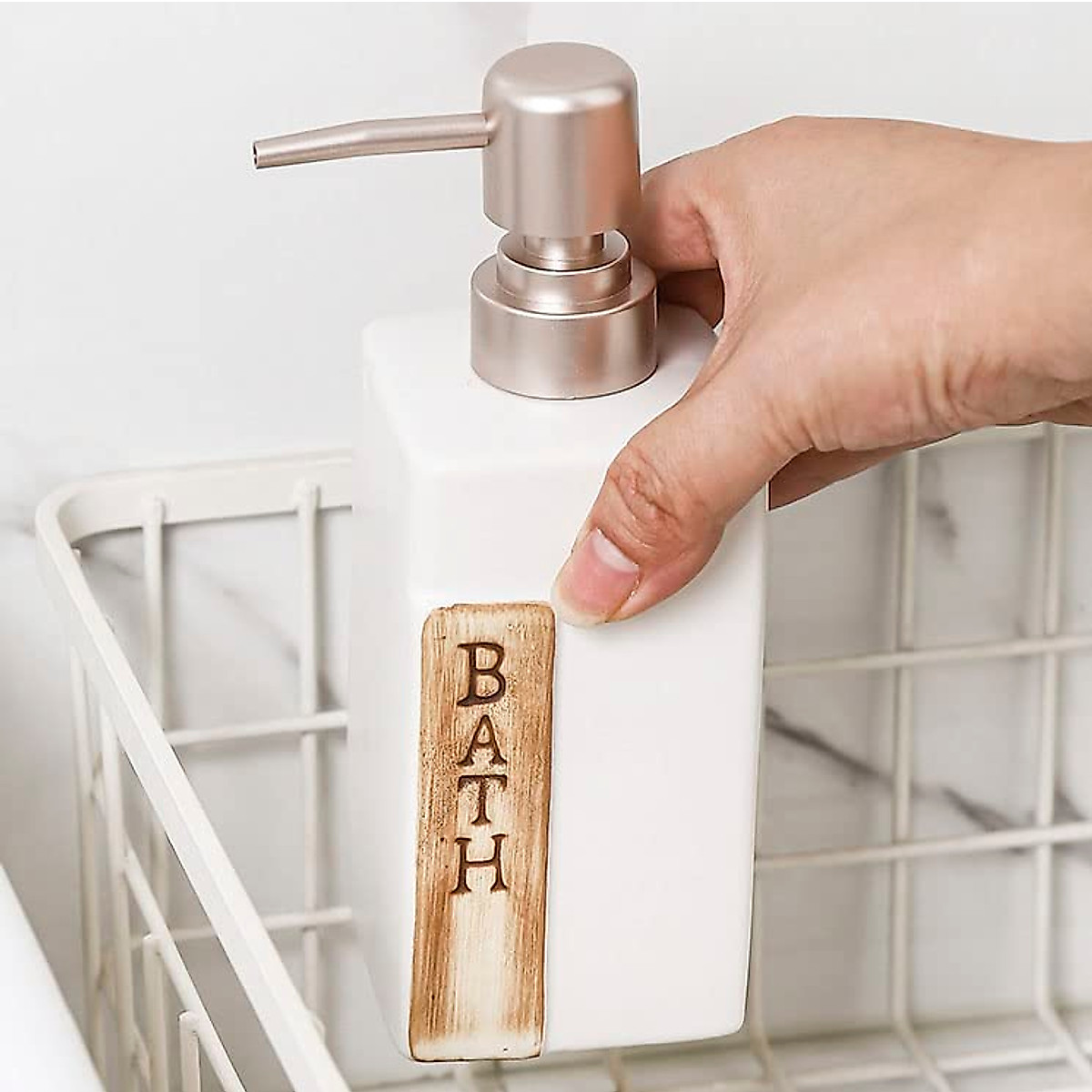 Ceramics Hand Soap Dispenserfor Bathroom, Gold soap Dispenser for Kitchen Sink Refillable Liquid Hand Soap Dispenser with Gold Pump Classic and Timeless Design 13.5Oz (White Square)