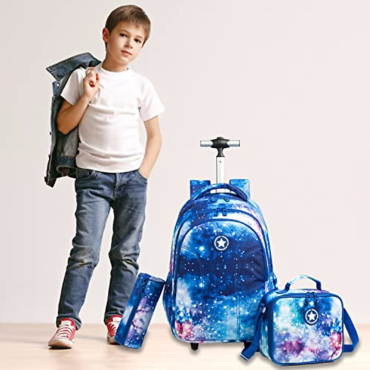 Egchescebo Boys Rolling Backpacks with Wheels 3PCS Starry Sky Backpack for School Wheeled Luggage Suitcase Lunch Box Pencil Case Large Capacity Bookbag Adjustable Trolley for Elementary Travel Blue