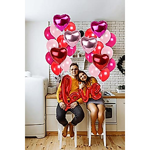 Treasures Gifted - LOVE Valentine’s Day Balloons - Red Letters w/ Red, Magenta & Blush Pink Metallic & Heart Shaped Balloons - Valentine’s Day Decor Kit w/ Pink Ribbon & Temporary Adhesive Dots