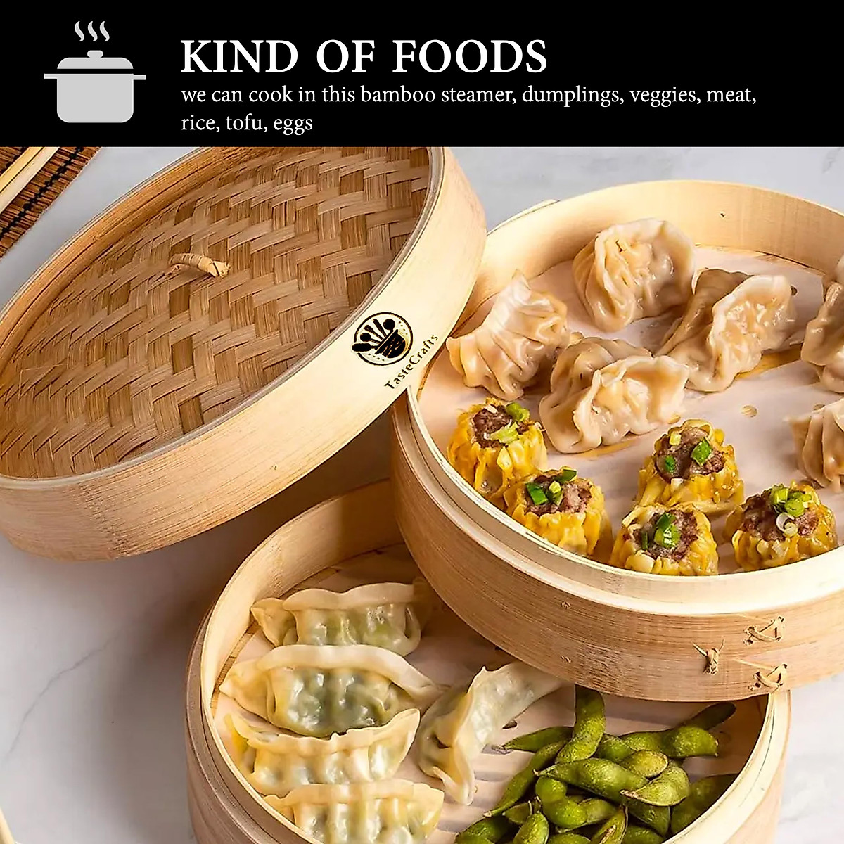 TASTECRAFTS Bamboo Steamer Basket 10-Inch, 2-Tier Design with Complimentary Chopsticks, Steamer Liners and Ceramic Dish for Sauce, Dumpling Steamer, Vegetable Steamer, Rice Steamer.