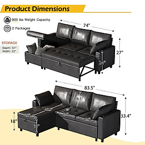 Esright Sleeper Sofa Bed Couch with Pullout Sofa Bed, Faux Leather Sectional Sleeper Sofa Pull Out Couch Bed with Storage USB & Cup Holders, Convertible Sofa Bed Couches for Living Room, Black