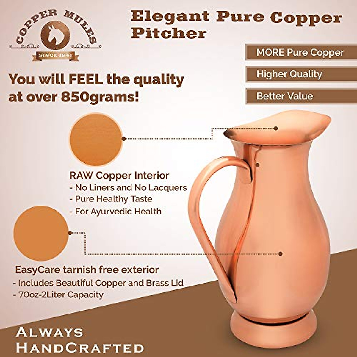 Pure Copper Pitcher (70 oz, 2 Liter) Handcrafted Water Jug & Copper/Brass Lid, Raw Interior for For Ayurveda Health