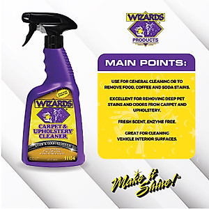 Wizards Carpet and Upholstery Cleaner - Fabric Cleaner Spray Solution for a Fresh & Clean Car - Pet Stain & Smell Remover and Natural Carpet Cleaner - Made in USA - 22 oz