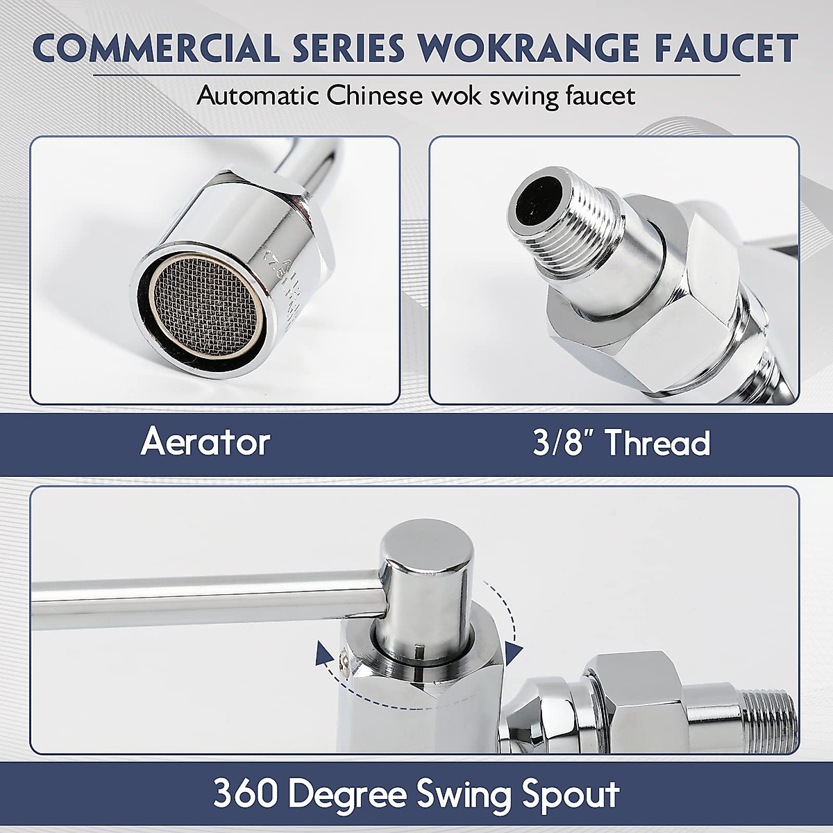 Swing Spout Brass Wok Range Faucet, Commercial Grade Wall Mounted Kitchen Sink Faucet with 12" Swivel Spout