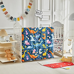 Dinosaur Crib Bedding Set - 3 Pieces Navy Dino Baby Quilted Crib Comforter with Crib Fitted Sheet and Crib Skirt for Boys Girls Cute Colorful Baby Bed Set with Blue Pink Orange Yellow Dinosaurs