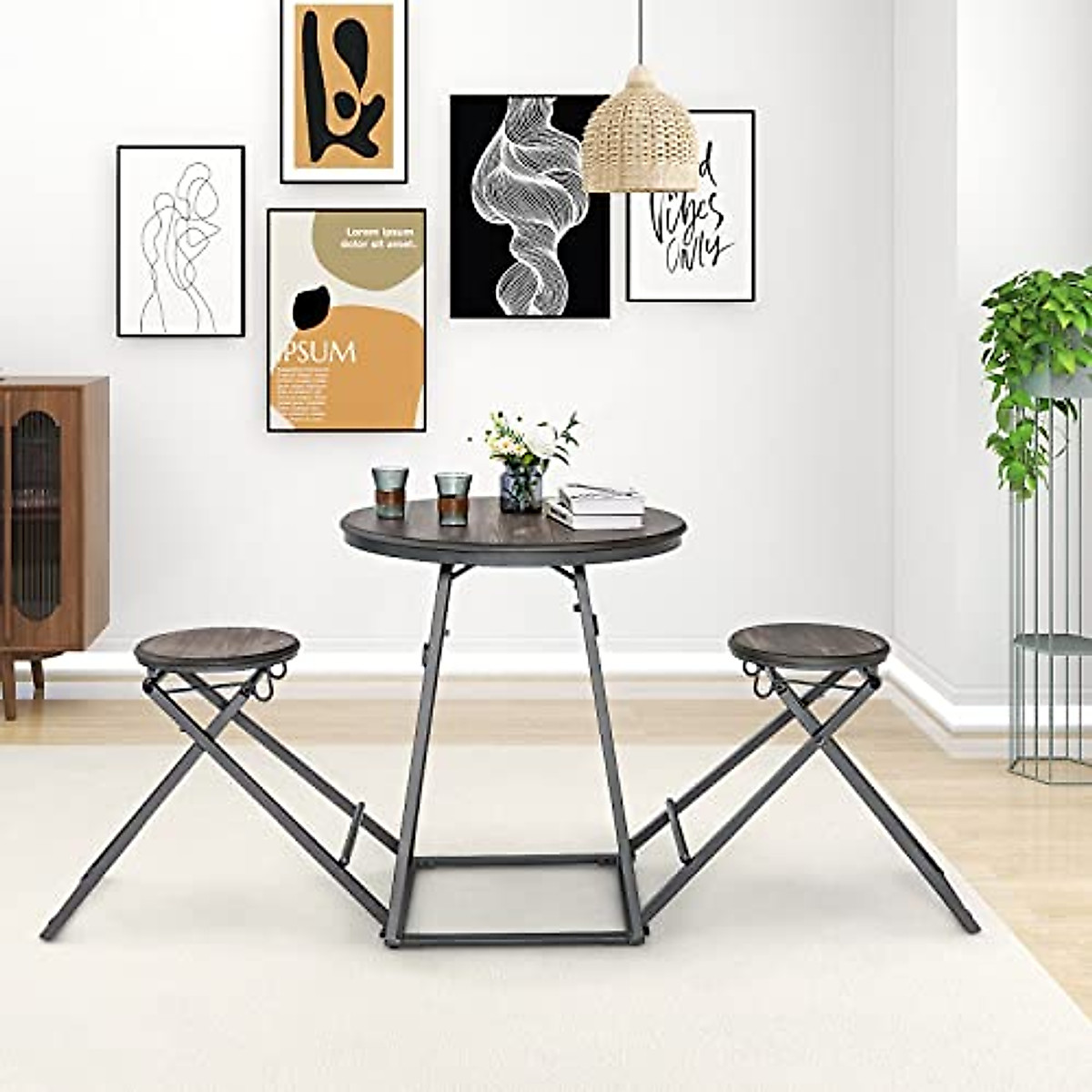 COSTWAY Bar Table and Stools Set of 3, Round Pub Bistro Table with 2 Foldable Stools, Heavy-Duty Steel Frame, Modern Table and Chairs Set for 2, Kitchen Dining Set for Apartment, Restaurant, Bar