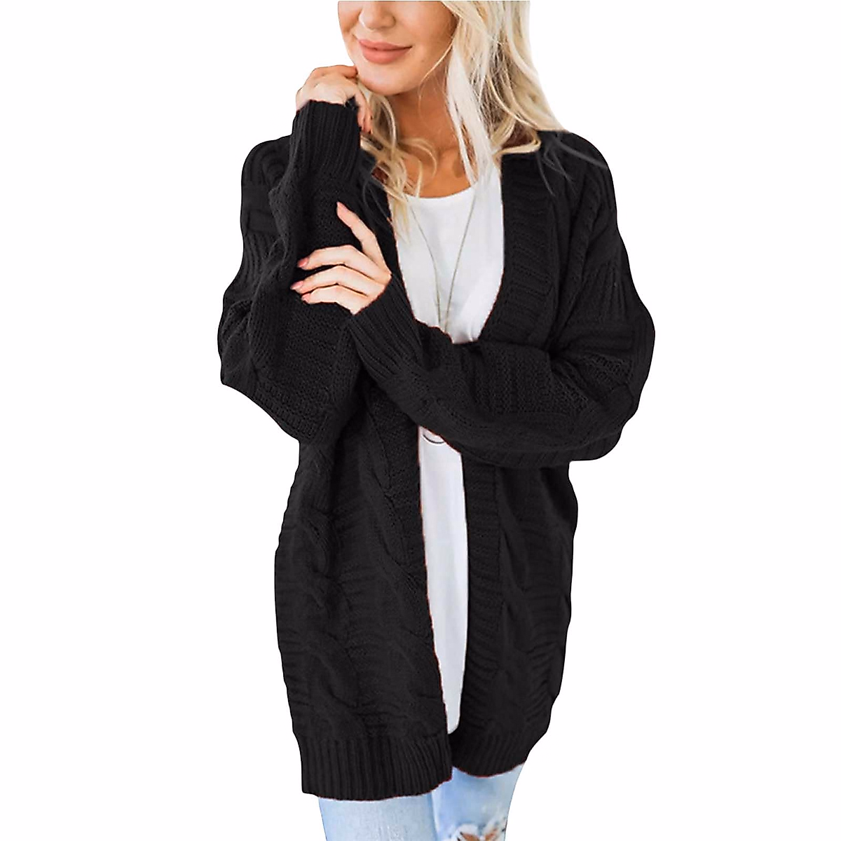 Today Deals Prime Long Cardigan for Women Oversized Sweater Solid Color Mid Length Coarse Sweater Sweater Women Cardigan (5-Black, M)