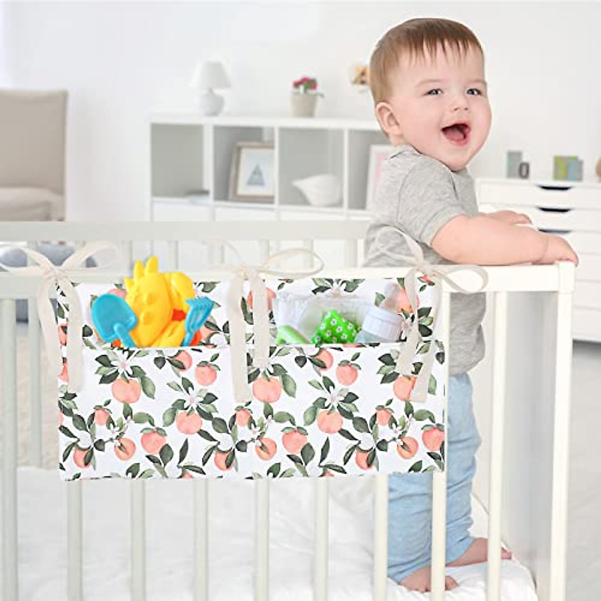 Baby Crib Organizer Cot Caddy Bed Storage Bag 2 Pockets Bedside Hanging Diaper Nursery Organizer for Diapers Toys Clothing (Orange)