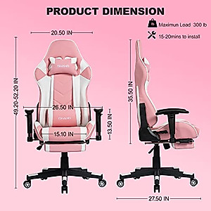 OHAHO Gaming Chair Racing Style Office Chair Adjustable Massage Lumbar Cushion Swivel Rocker Recliner Leather High Back Ergonomic Computer Desk Chair with Retractable Arms and Footrest (Pink/White)