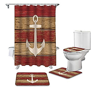 WARM TOUR 4 Piece Shower Curtain Sets with Bath Rugs Nautical Anchor Rustic Wood Board,Non-Slip Floor Mat,Toilet Lid Covers,U-Shape Contoured Pad Marine Red Wood Grain Bathroom Set for Home Decor