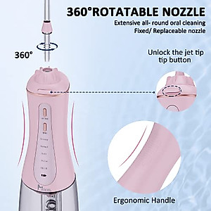 MOCEL Water Dental Flosser Oral Irrigator with 5 Modes, 350ml Cordless Water Teeth Cleaner Pick 6 Tips, IPX7 Waterproof Portable Powerful Battery for Travel & Home Braces & Bridges Care (Pink)