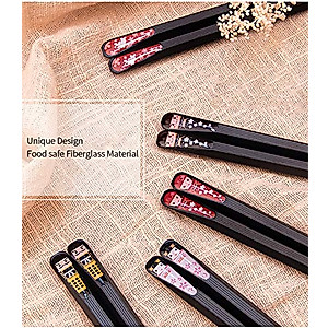 Fiberglass Chopsticks Reusable Korean Japanese Chinese Chop sticks, 5 Pairs 9 1/2 inch Black, Dishwasher safe, Non-slip Stripe gift-box Pack Cool Chopstick
