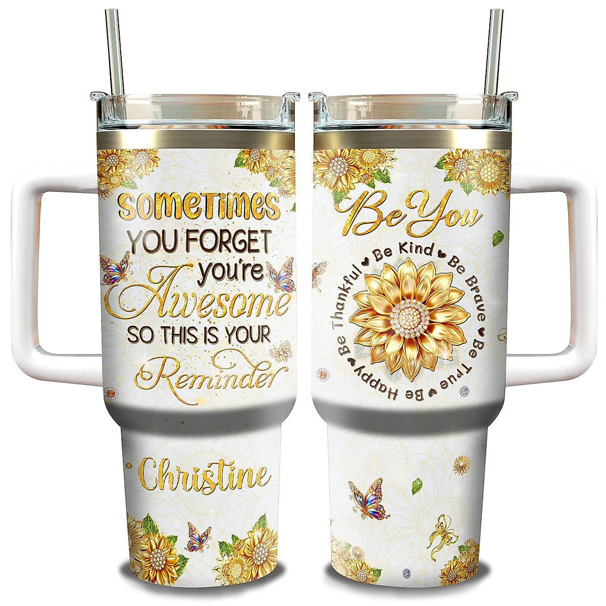 WAZONE Personalized You Forget That You’re Awesome 40oz Tumbler with Handle and Straw Insulated Travel Mug Stainless Steel Sun Flower Inspirational Sayings Holiday Gift Idea for Women Girl