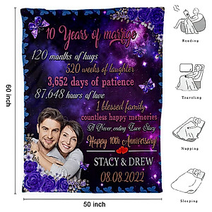 Custom Photo 10th Wedding Anniversary Blanket Gifts for Couples, 10 Years of Marriage Throw Blankets for Husband Wife, Personalized Happy 10th Anniversary Blanket Gifts for Him Her