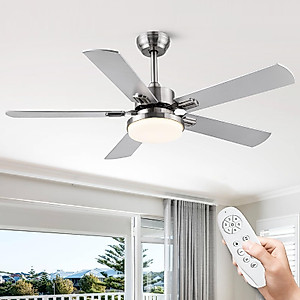 SNJ 52 inch Ceiling Fan with Light, Modern Silver Ceiling Fan with Light and Remote, Brushed Nickel and White Ceiling Fan for Bedroom, Living Room, Outdoor Patio, Quiet DC Motor (5 Blades)