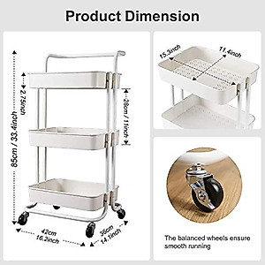 Storage Trolley Cart - 3 Tier Rolling Utility Organizer Rack, Craft Art Cart, Multi-Purpose Organizer Shelf, Tower Rack Serving Trolley for Office Bathroom Kitchen Kids’ Room Laundry Room, White