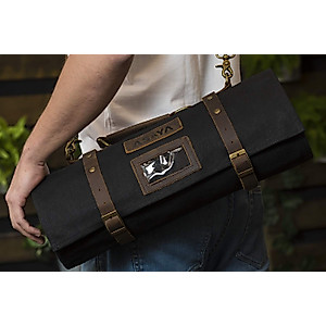 Asaya Waxed Canvas Knife Roll - 15 Knife Slots, Card Holder and Large Zippered Pocket - Genuine Leather, Cloth and Brass Buckles - for Chefs and Culinary Students - Knives Not Included