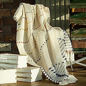 Amélie Home Boho Throw Blanket, Bohemian Farmhouse Colorful Striped Blanket with Tassels Decorative Woven Textured, Soft Cozy and Lightweight for Spring Summer, Beige, 50" x 60"