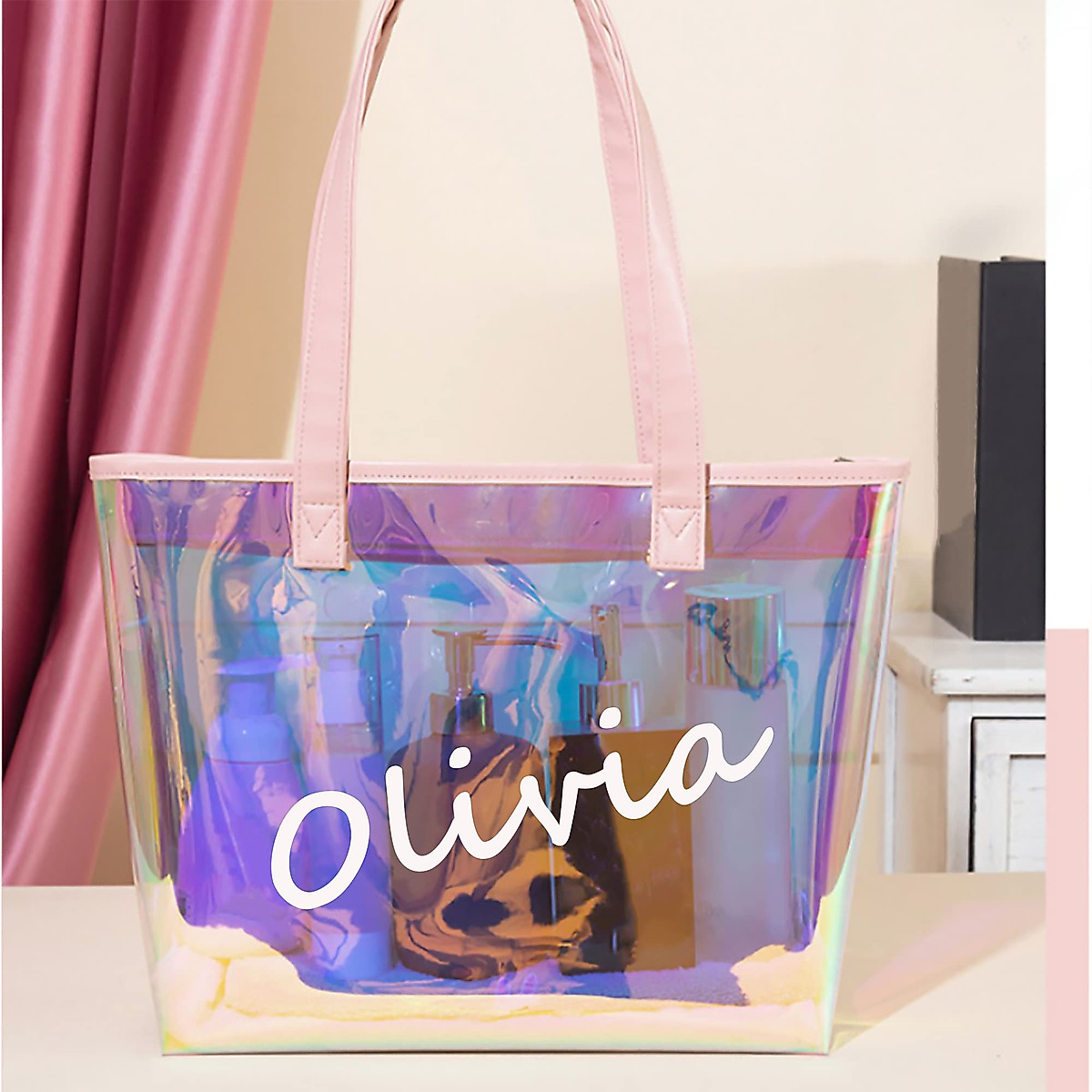 ROXIQ Clear Tote Bag for Women,Large Transparent Holographic Handbag See Through Shoulder Crossbody Bag for Security Travel,Shopping,Sports and Work