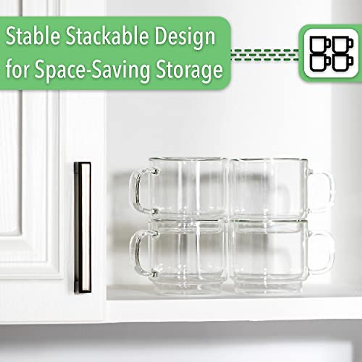 BTaT- Stackable Insulated Coffee Mugs, Glass Tea Mugs, Set of 4 (12 oz, 350 ml), Double Wall Glass Coffee Cups, Tea Cups, Latte Cups, Beer Glasses, Latte Mug, Clear Mugs, Mother's Day Gift