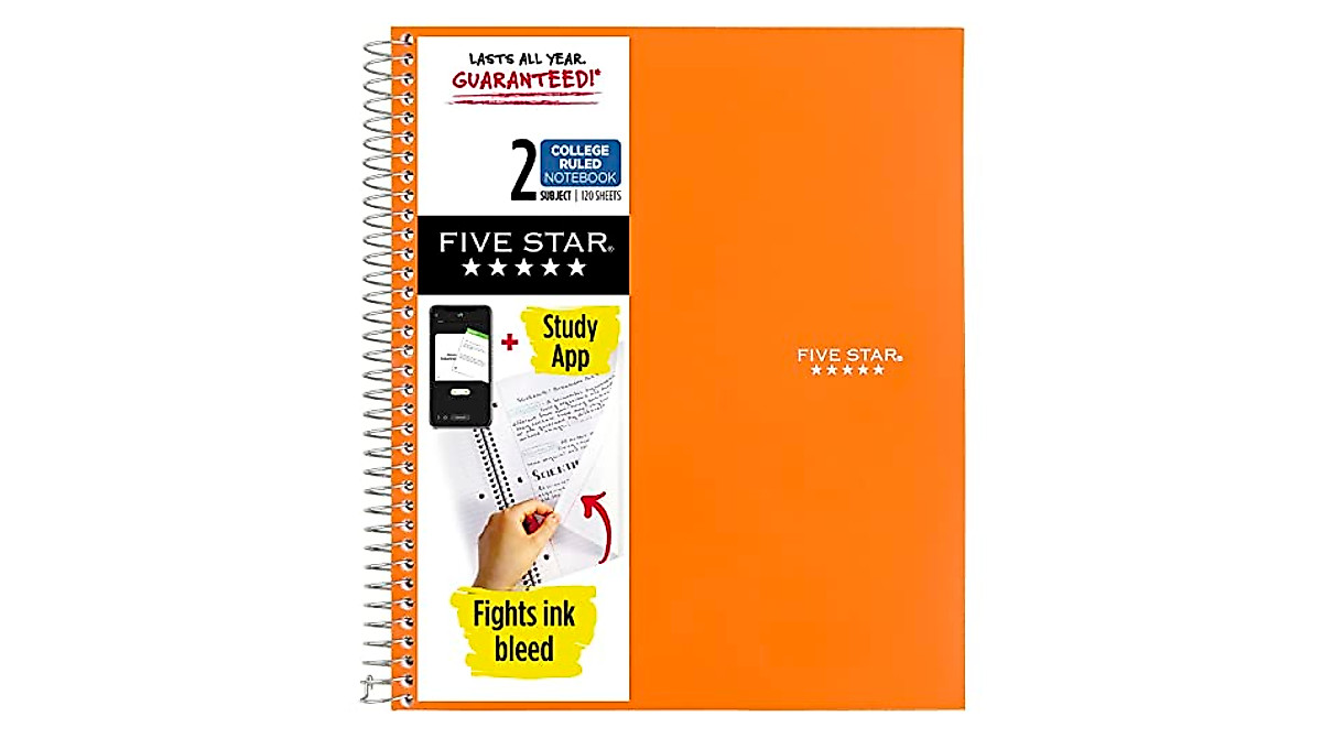 Five Star 2 Subject Spiral Notebook with Study App | Water-Resistant Cover