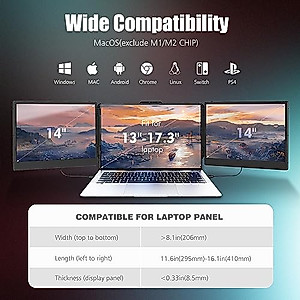 KEFEYA Laptop Screen Extender,14" Triple Screen Laptop Monitor Extender, 1080P FHD Portable Monitor for 13"-17.3" Laptops, HDMI/USB-A/USB-C for MacBook, Windows, Chrome, Switch, Plug and Play