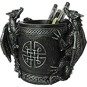 DWK - Literary Beasts - Twin Double Dragon Celtic Gothic Pen Pencil Desk Organizer Makeup Brush Holder Art Supply Caddy Home Office Accent Storage Accessory, Antique Silver Pewter, 6.5-inch