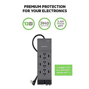 GE, White, 6 Outlet Surge Protector 2 Pack, 10 Ft Extension Cord, Power Strip, 800 Joules & Belkin 12-Outlet Power Strip Surge Protector, 8ft Cord – Ideal for Computers, Home Theater, Appliances