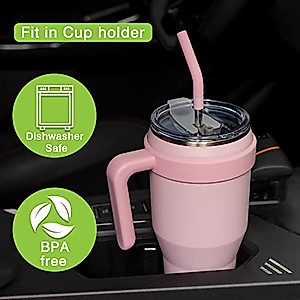Zukro 40 oz Tumbler With Handle, Sip and Straw Lid, Leakproof No Sweat Insulated Stainless Steel Cup Keeps Drinks Cold 24 Hours, Travel Mug Fit in Cup Holder, Dishwasher Safe, BPA Free - Pink