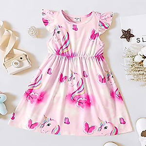 PATPAT Girls Dress Unicorn Printed Casual Dress for Kids Baby Girls Dresses Comfy Ruffle Sleeve Sundress