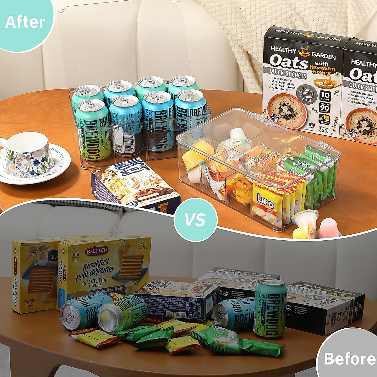 novelinks Clear Plastic Tea Bag Organizer Stackable Storage Organizer with Lid Divided Container Box with Lid for Kitchen Cabinet, Condiments,Countertop, Pantry, Hold Coffee Pods, 2 Pack